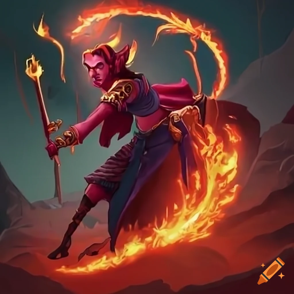 Tiefling sorcerer casting a fireball spell on Craiyon