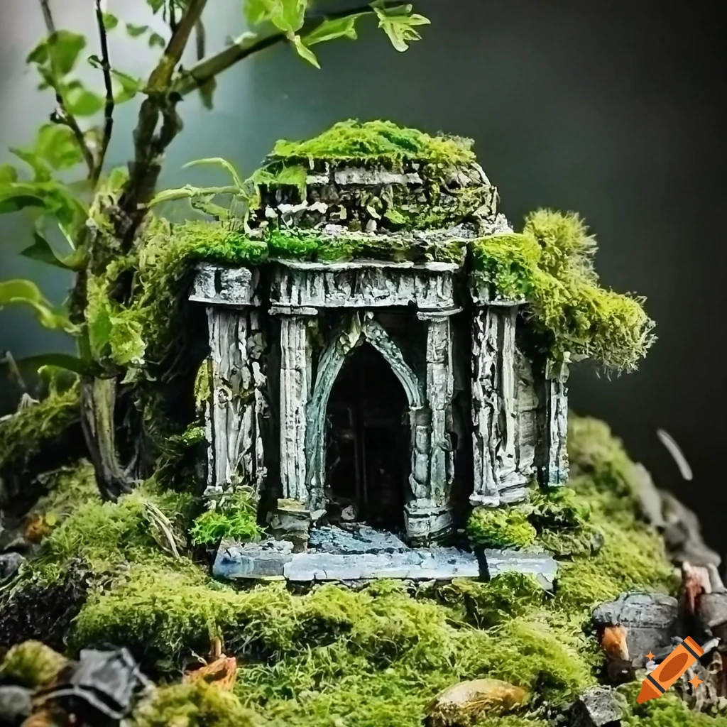 Mini mossy temple with vines in a post-apocalyptic diorama on Craiyon