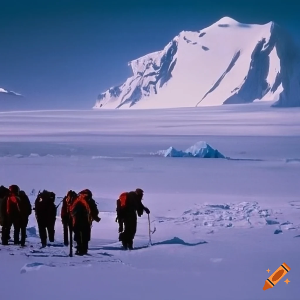Vintage photo of explorers with Antarctic mountain wall on Craiyon