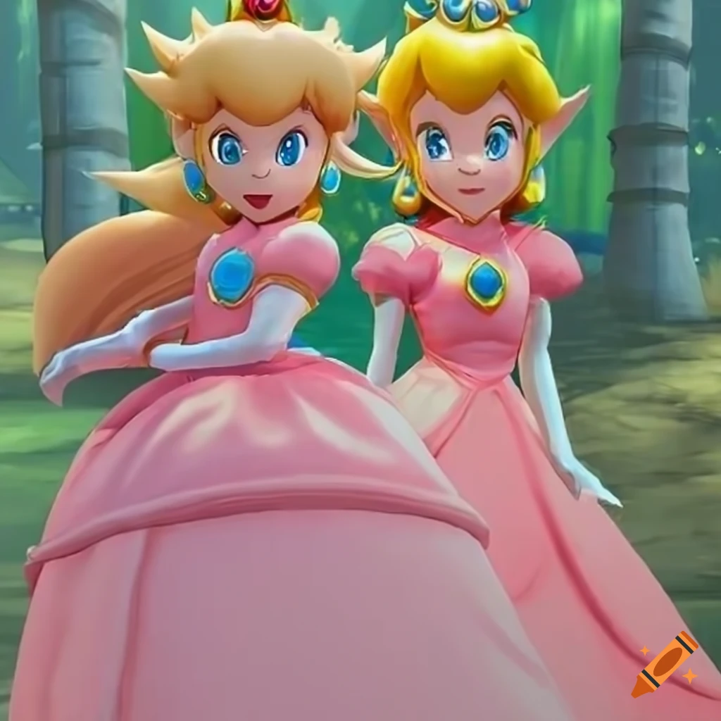 Princess peach and link switch costumes. two people in a ballroom ...