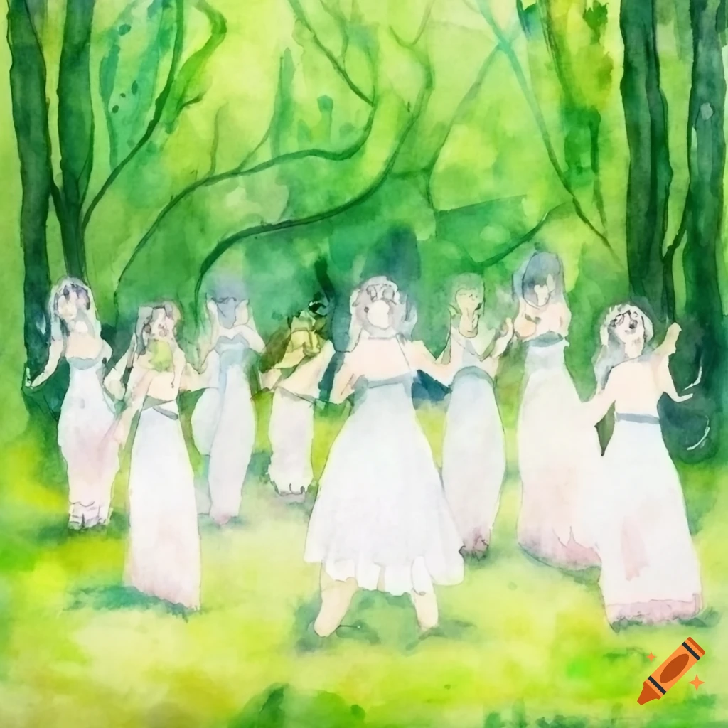 Watercolor of women dancing in a forest on Craiyon