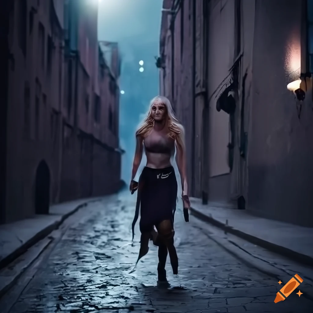 Fantasy character running in a moonlit alley on Craiyon