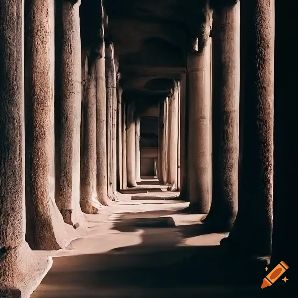 Interior perspective of a colonnade in an ancient civilization