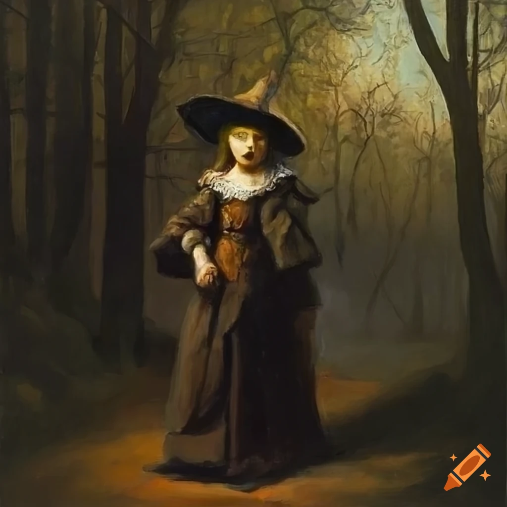 Rembrandt-style painting of a teenage witch in the forest on Craiyon