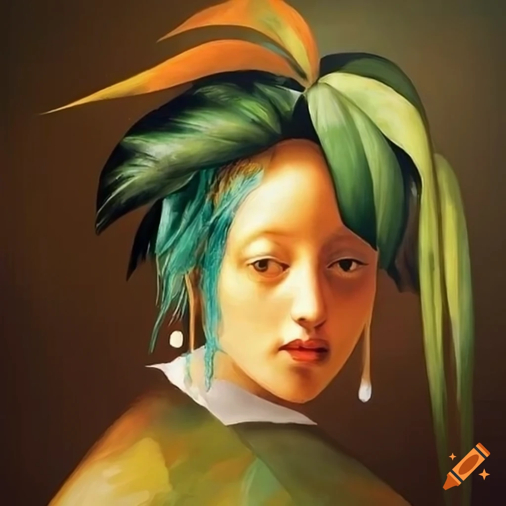 Vermeer style painting of a lush tropical paradise