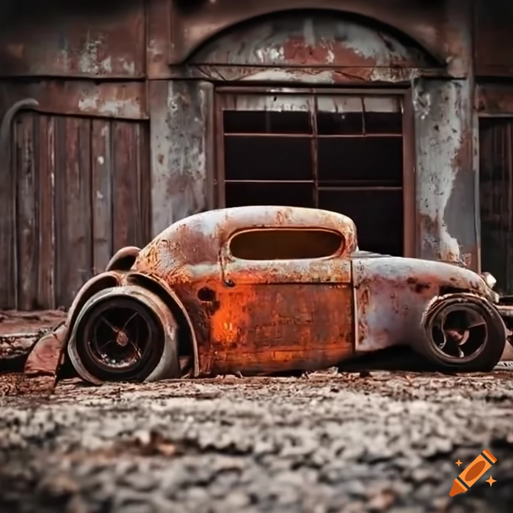 Rusty vw beetle in front of an abandoned factory on Craiyon