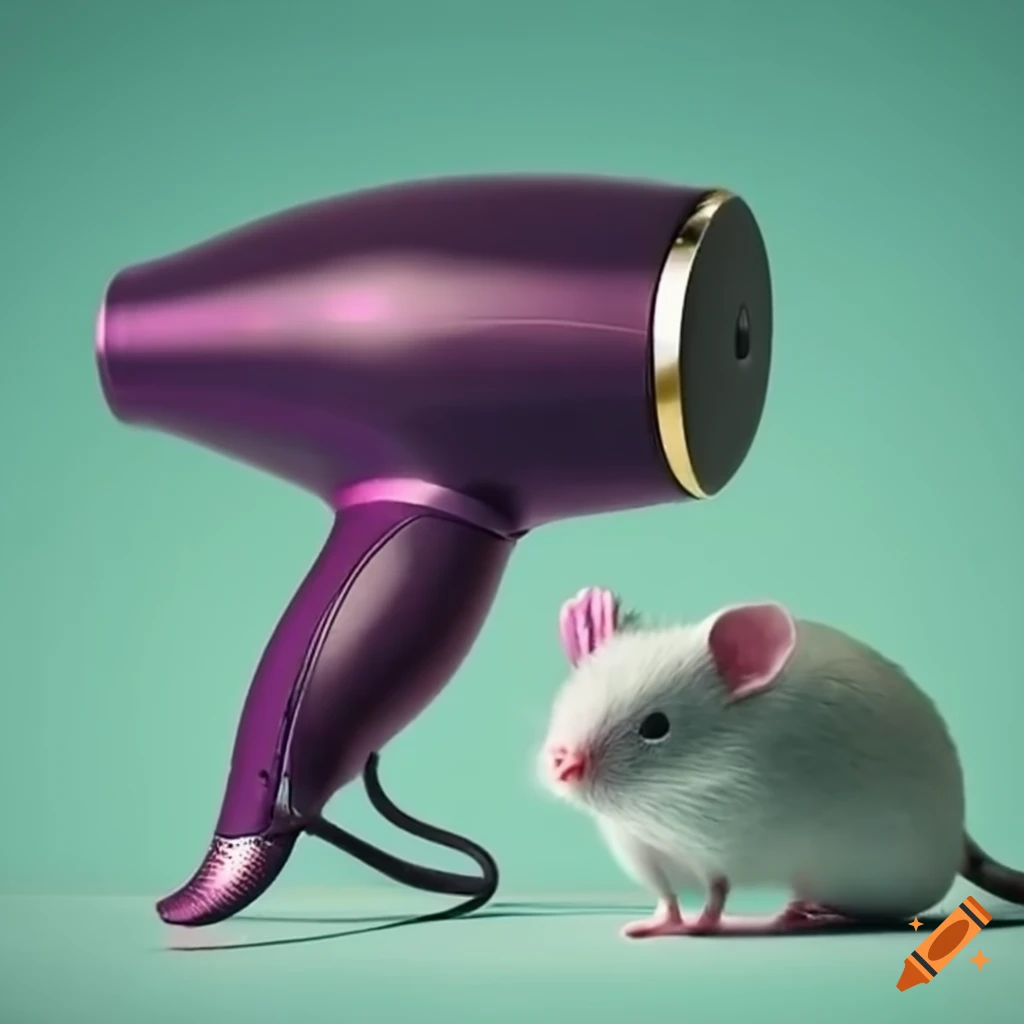 Mouse sitting next to a hair dryer