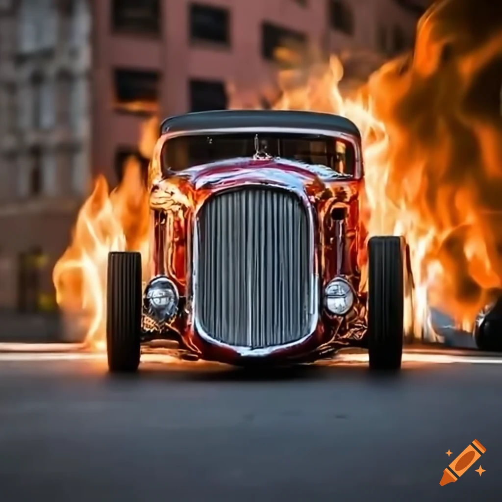 Hot-rod car drifting through city streets on Craiyon
