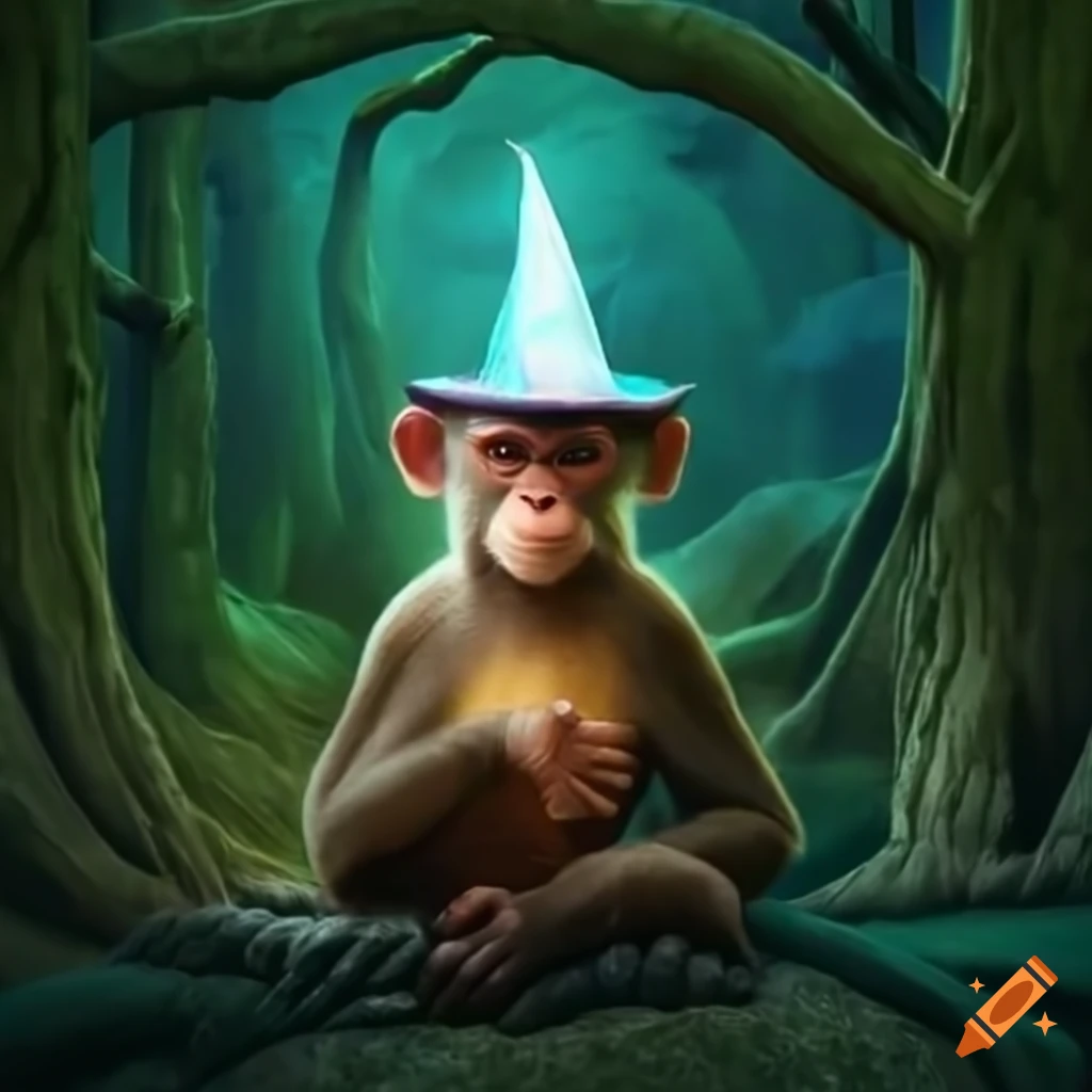 Monkey wizard casting magic in a mystical forest on Craiyon