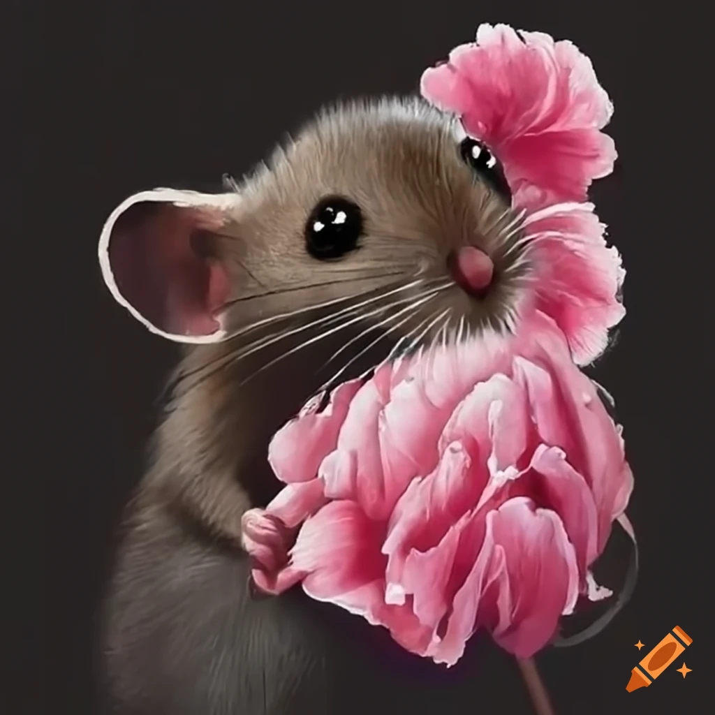 Cute pink mouse made of flower blossoms in a flower field on Craiyon