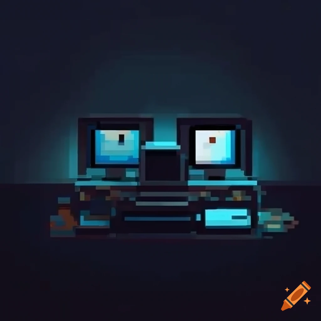 Retro pixel art computer setup in a basement on Craiyon