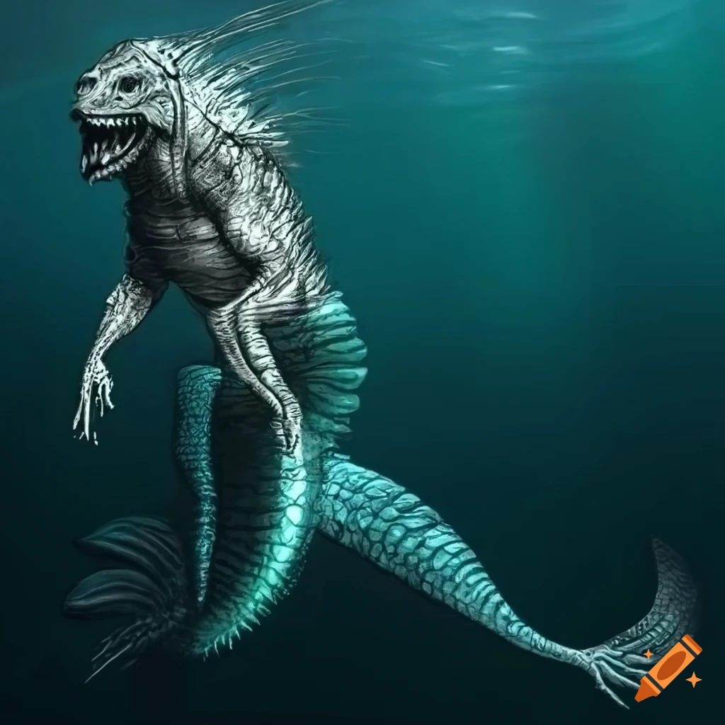 Etching of a detailed prehistoric merman on Craiyon