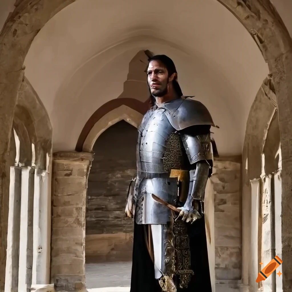 Indian knight in dragon armor standing in a castle courtyard on Craiyon