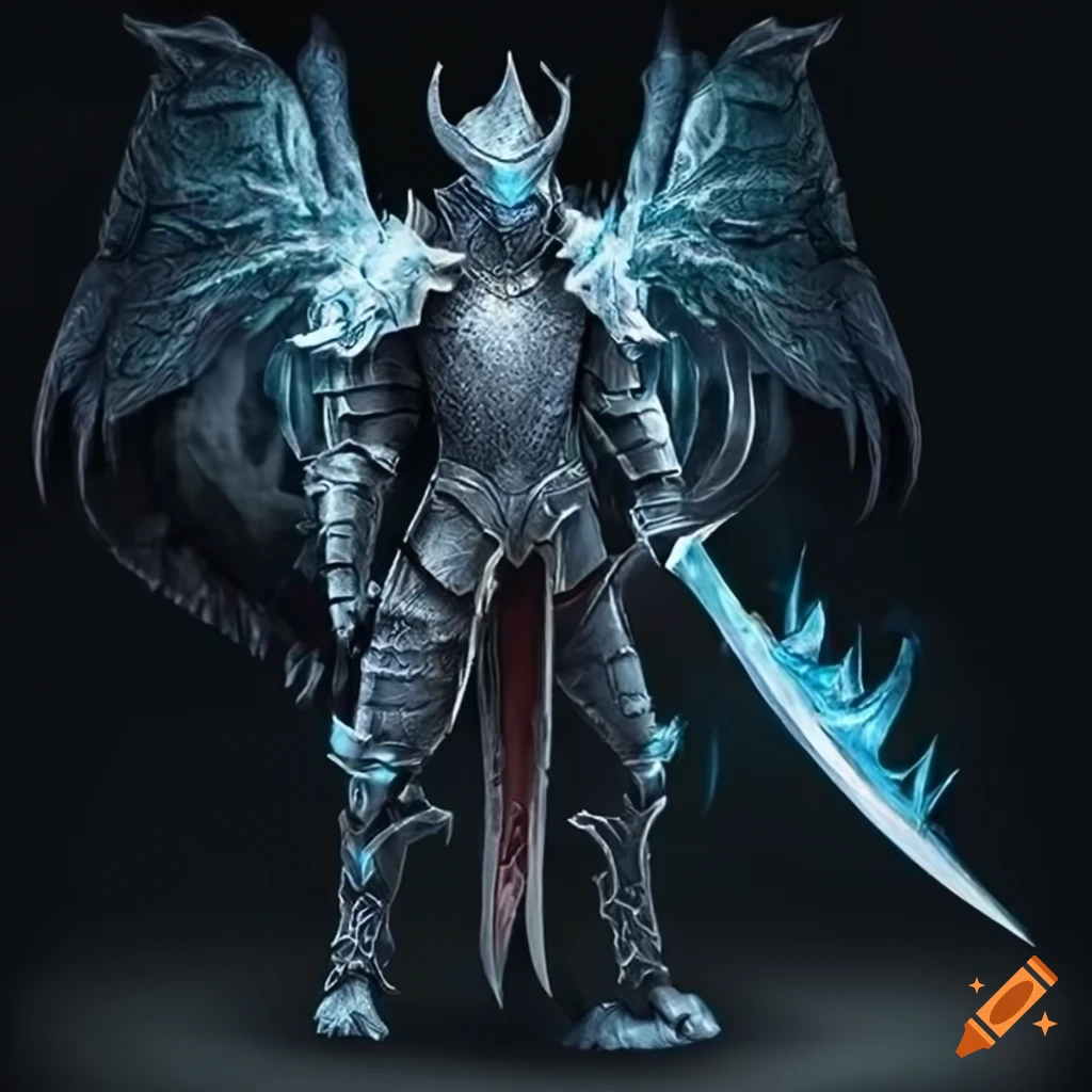 Obsidian armored crow knight with feathery wings unfurled on Craiyon