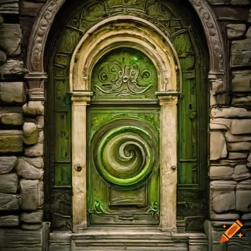 Baroque moss-covered door with spiral galaxy engraving on Craiyon