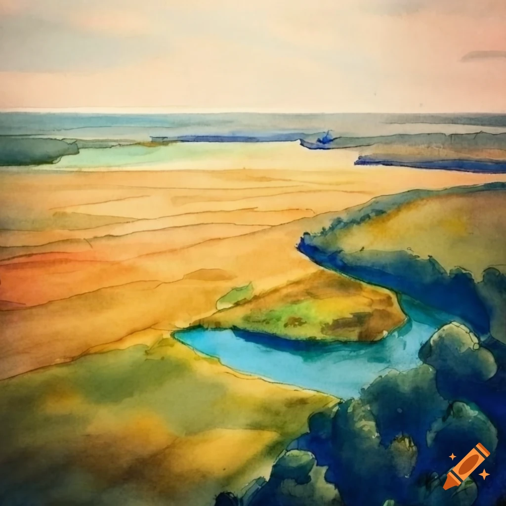 Watercolor painting of an aerial view of a field with a river on Craiyon