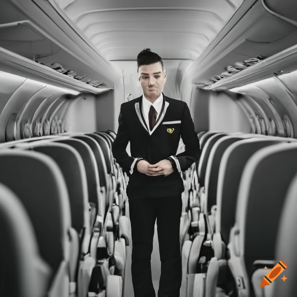 Male cabin crew standing in airplane aisle on Craiyon