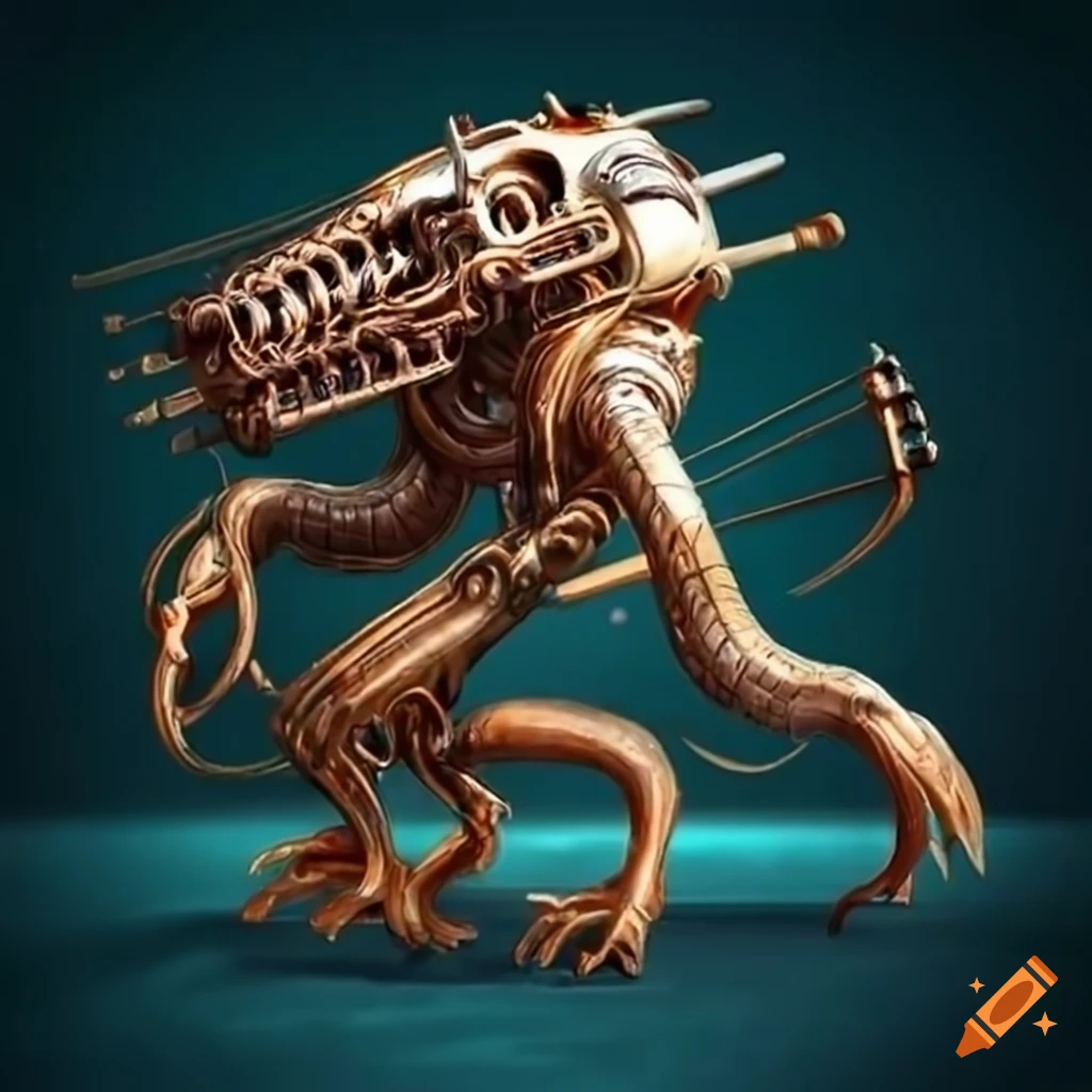 Biomechanical tuba creature vehicle art on Craiyon