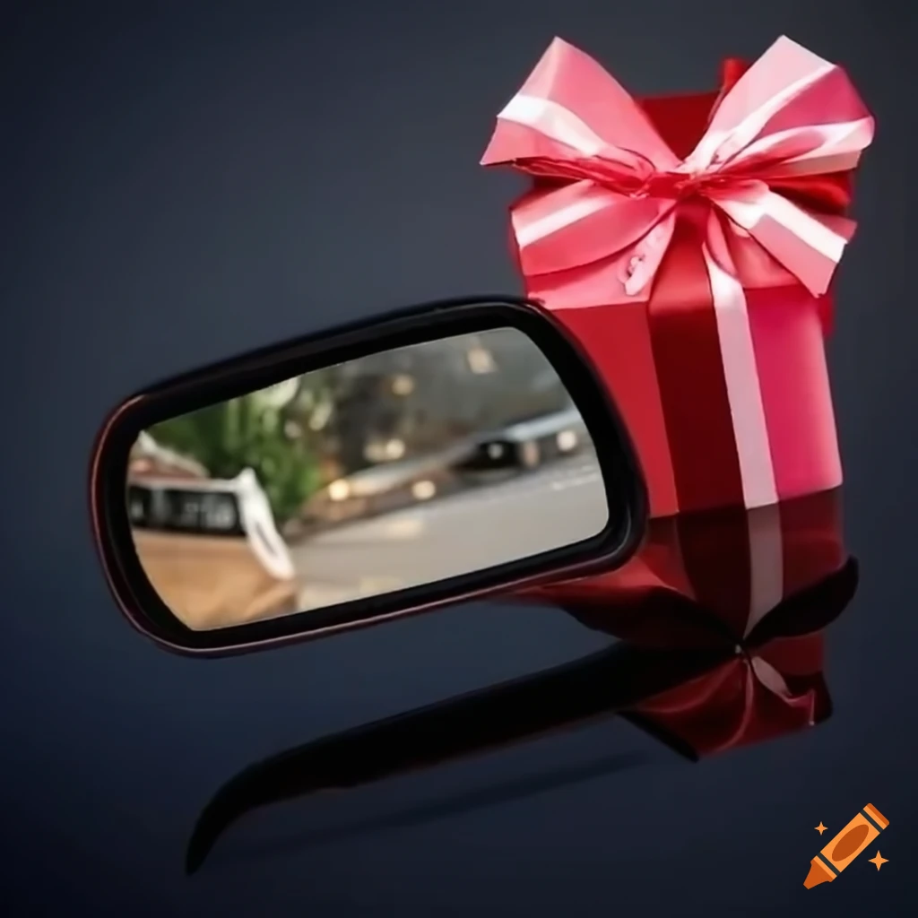 Gift box reflection in car's rear view mirror
