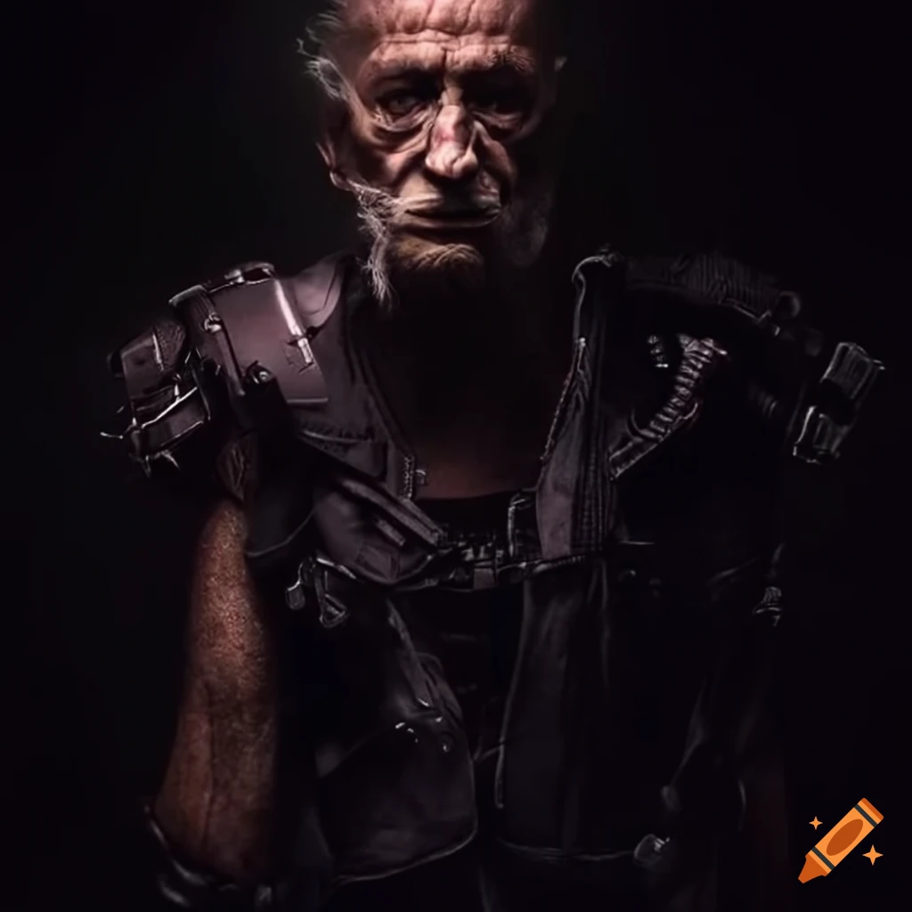 Cyberpunk artwork of an elderly man with cybernetic arms on Craiyon