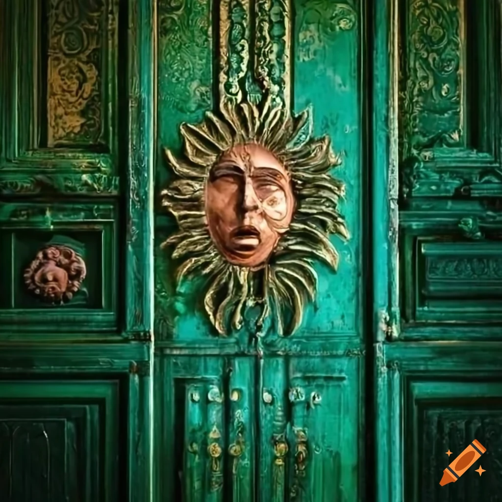 Engraved sun face on a moss-covered door in havana on Craiyon