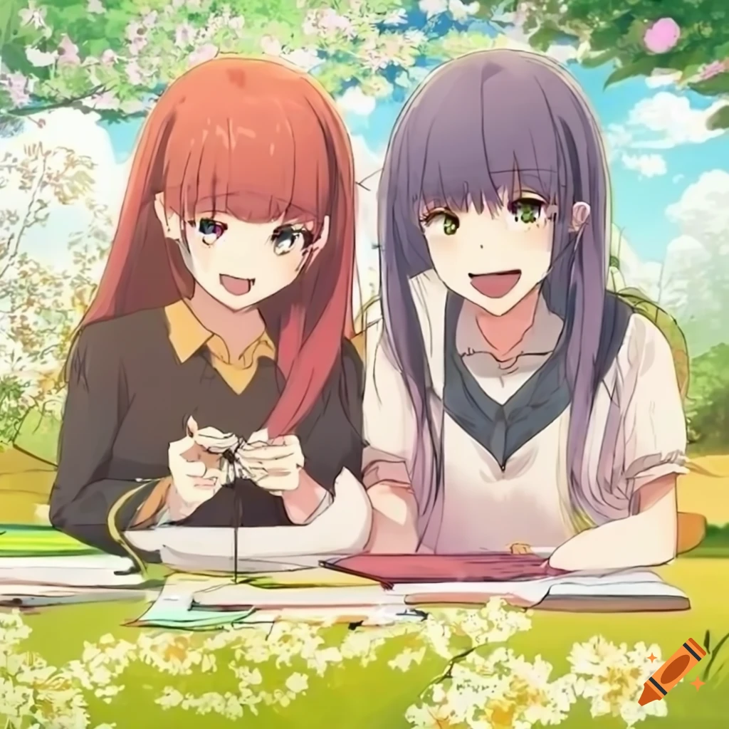 Anime girls studying together in a flowery park on Craiyon
