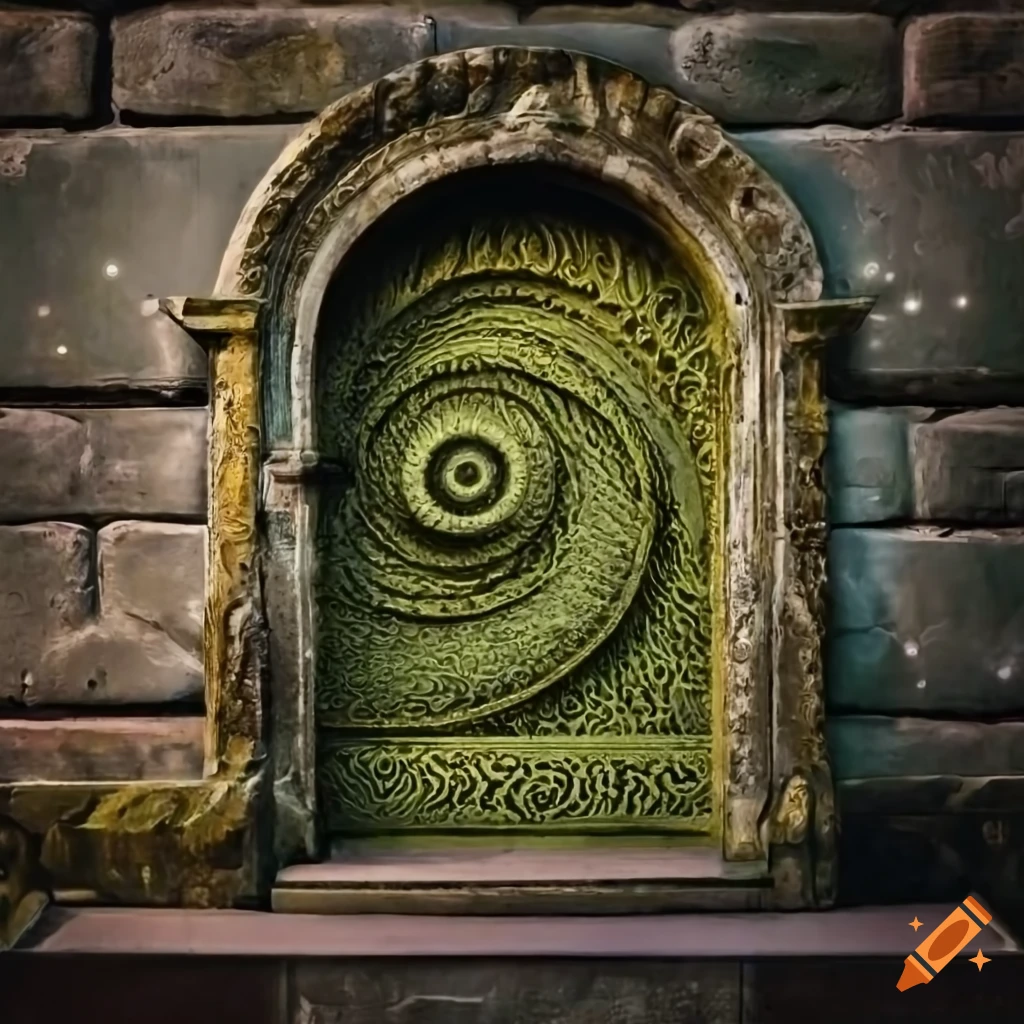 Moss-covered door with spiral galaxy engraving on Craiyon