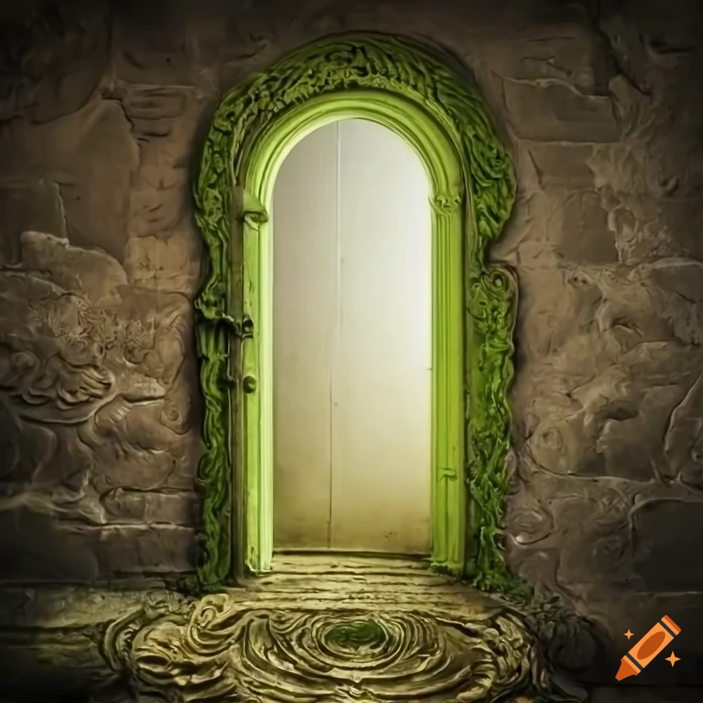 Surreal moss-covered door with bas-relief spiral