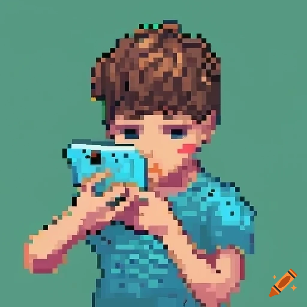 Pixel art of a boy using a smartphone on Craiyon