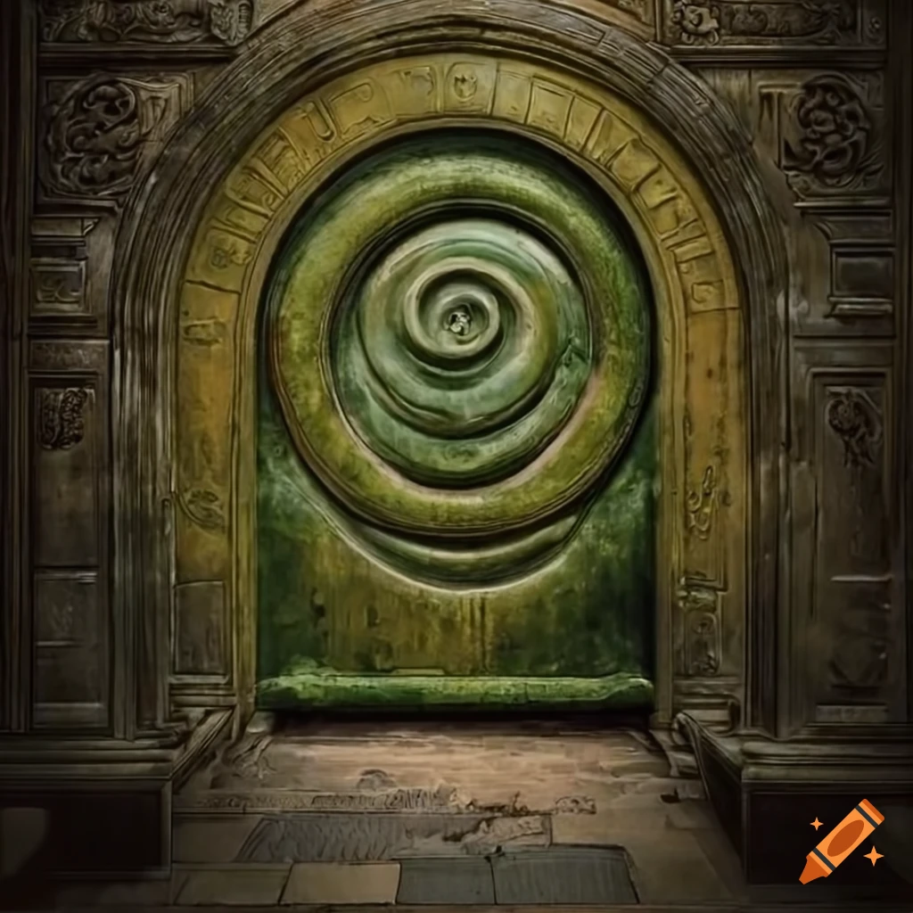 Baroque moss-covered door with spiral galaxy engraving on Craiyon