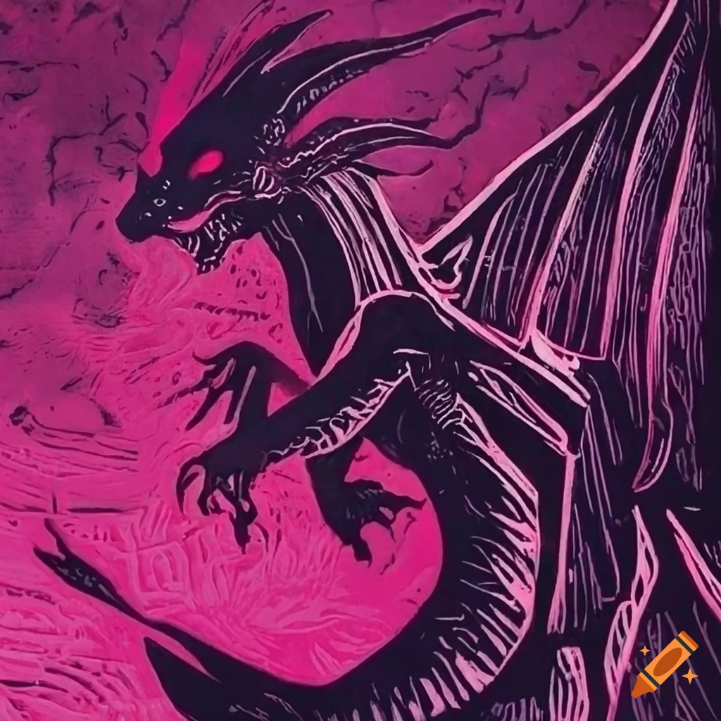 Linocut artwork of a green and black demonic dragon on Craiyon