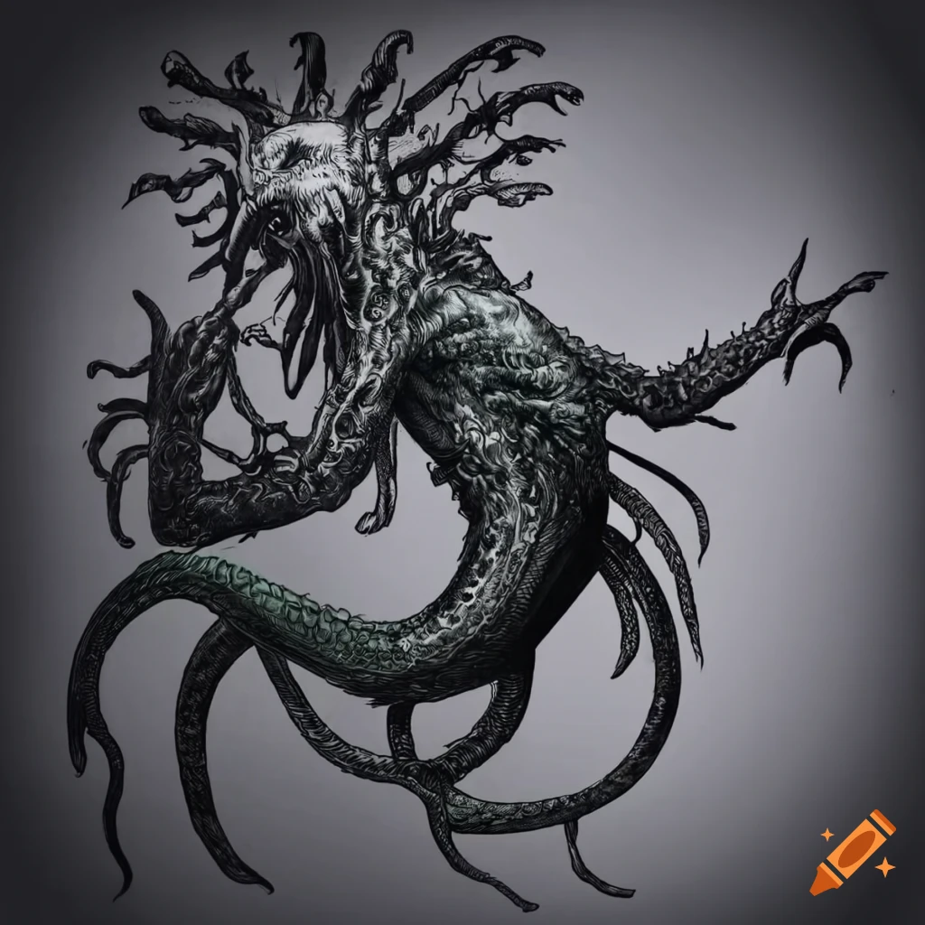 Detailed etching of a Lovecraftian merman monster on Craiyon