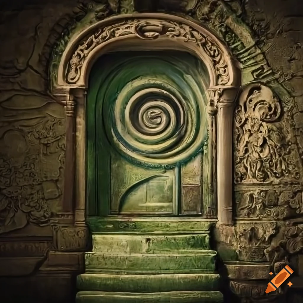 Baroque moss-covered door with spiral galaxy engraving on Craiyon