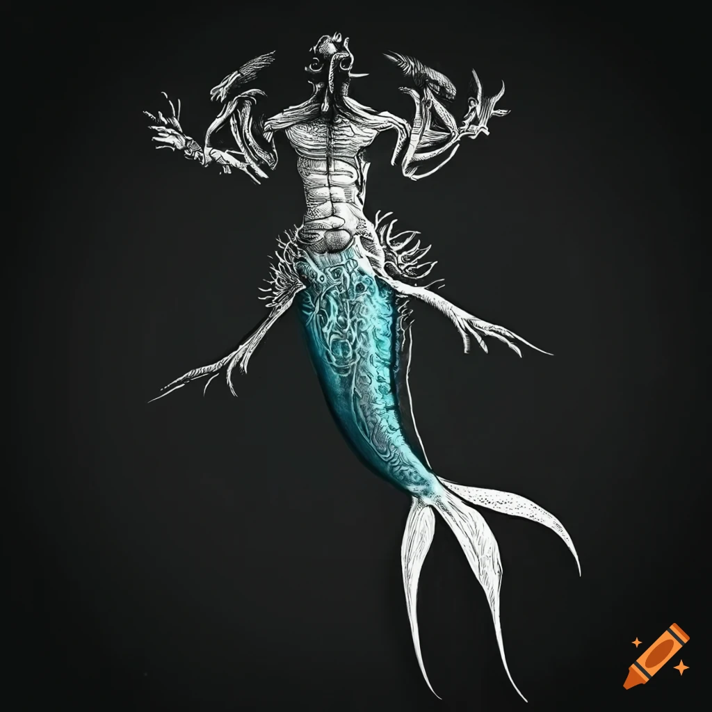 Detailed etching of a merman seadragon