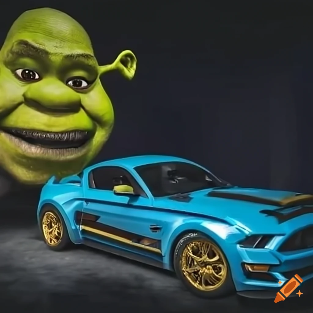 Shrek posing with a customized mustang gt