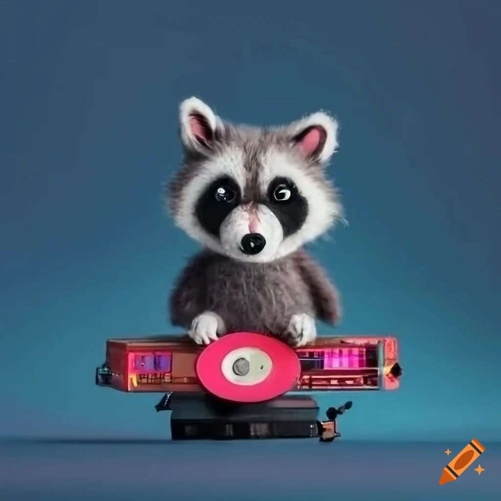 Needle felt raccoon with vinyl records on a dj set on Craiyon