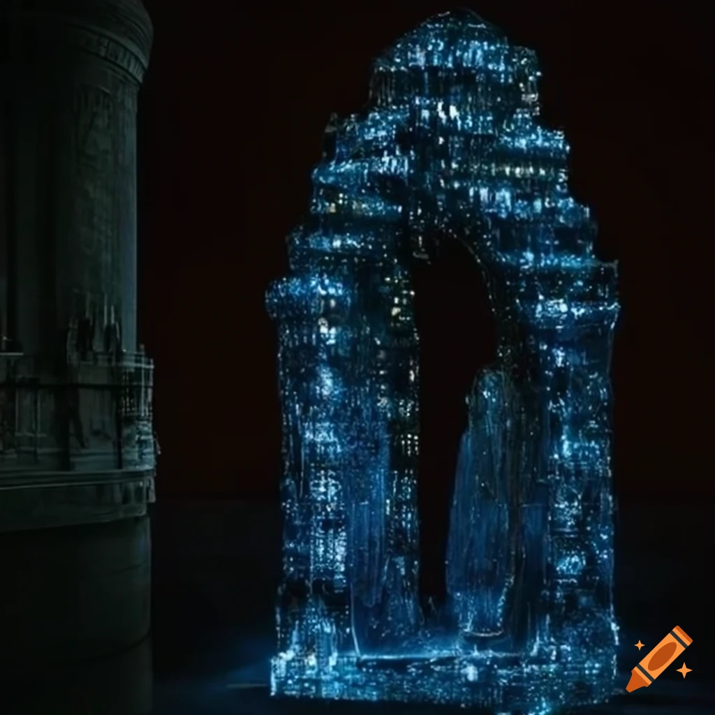 Shimmering obsidian cityscape with illuminated sculptures on Craiyon