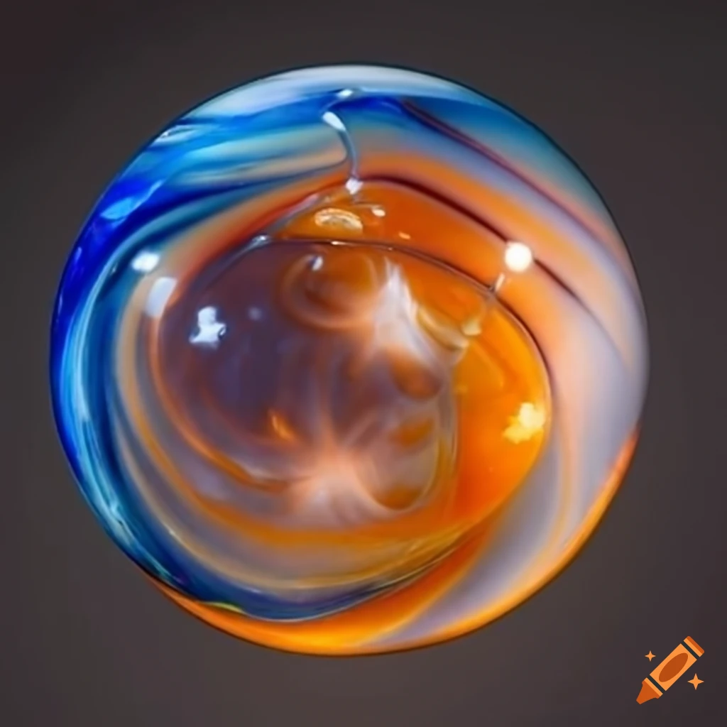Glass marble with an exploding star in orange and blue on Craiyon