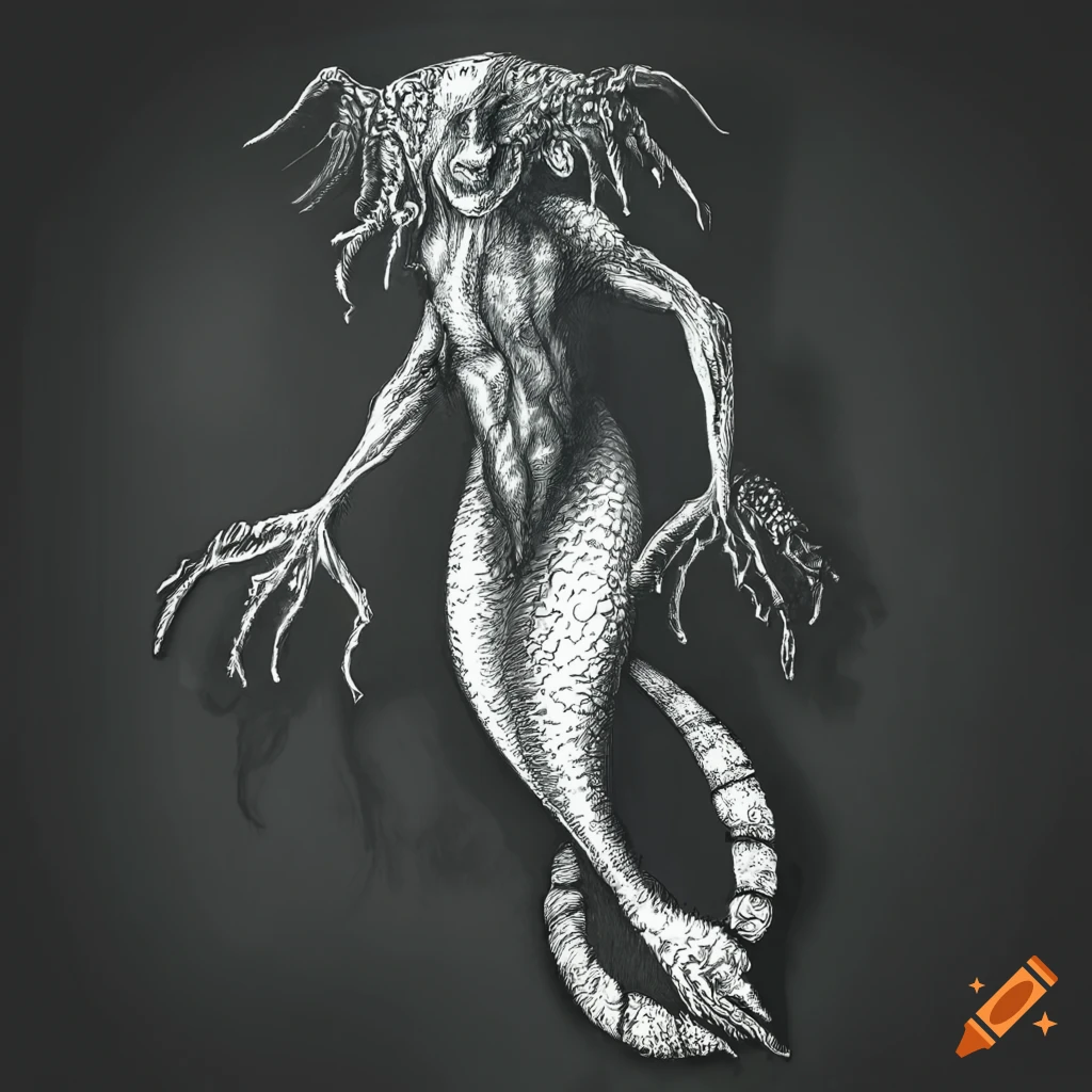 Detailed etching of a lovecraftian merman on Craiyon