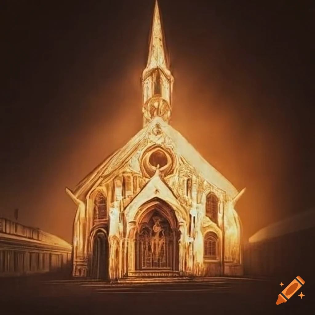 Detailed etching of a glowing church in sunlight on Craiyon