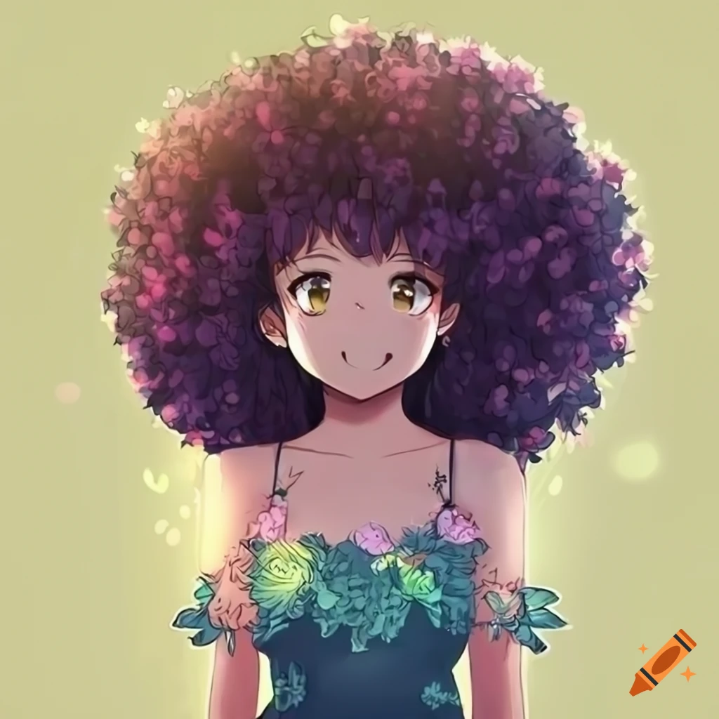 Smiling anime girl with floral dress and afro hairstyle