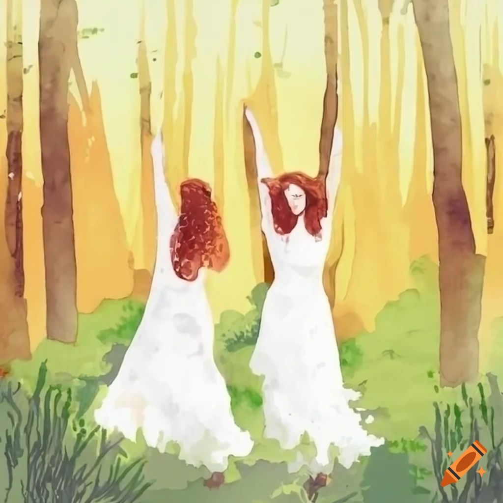 Two young women in white dresses holding hands on green grass with ...