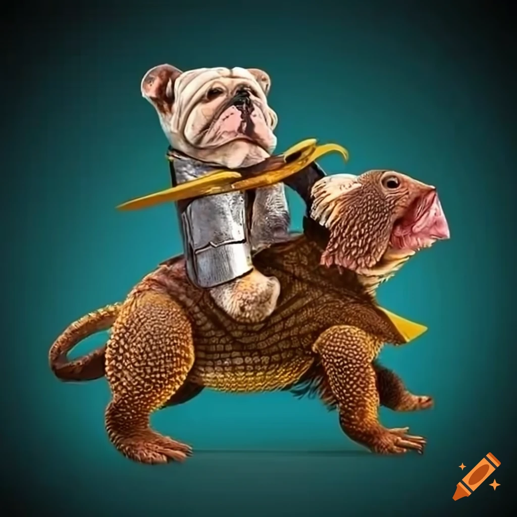 English bulldog wearing armor with a bearded dragon riding on his back ...