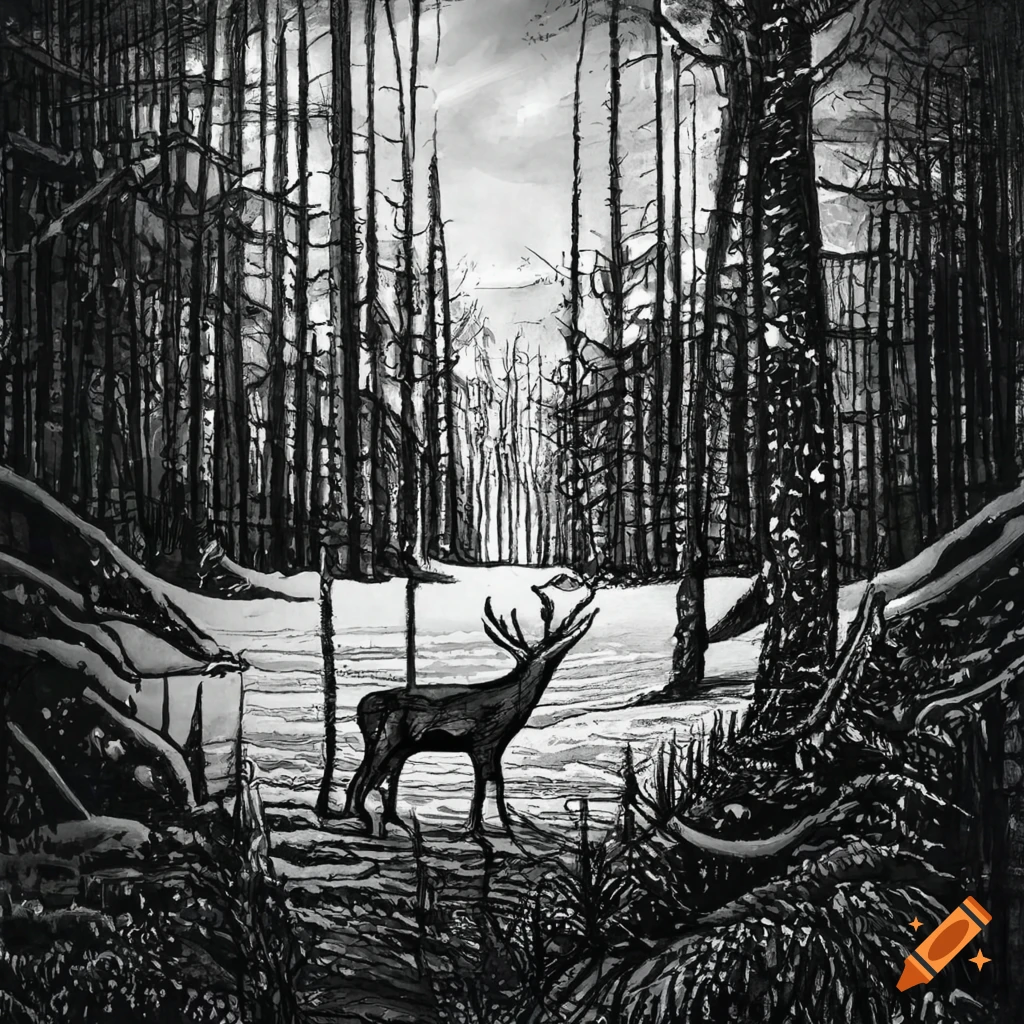 Black and white ink drawing of a Nordic forest with a deer on Craiyon