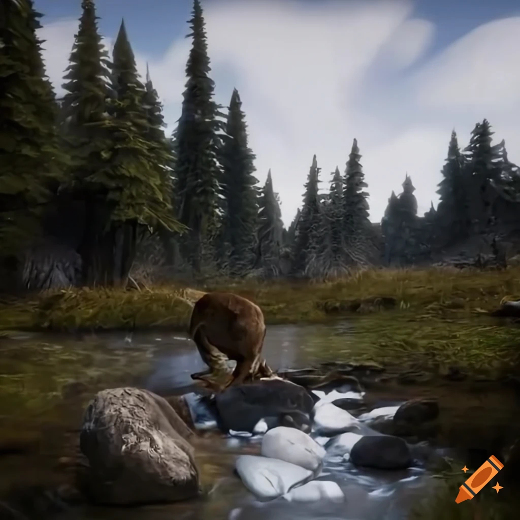 Portrait of a brown liger eating a fish near a stream in a snowy ...