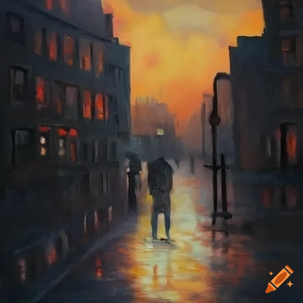Realistic painting of a rainy urban landscape at night