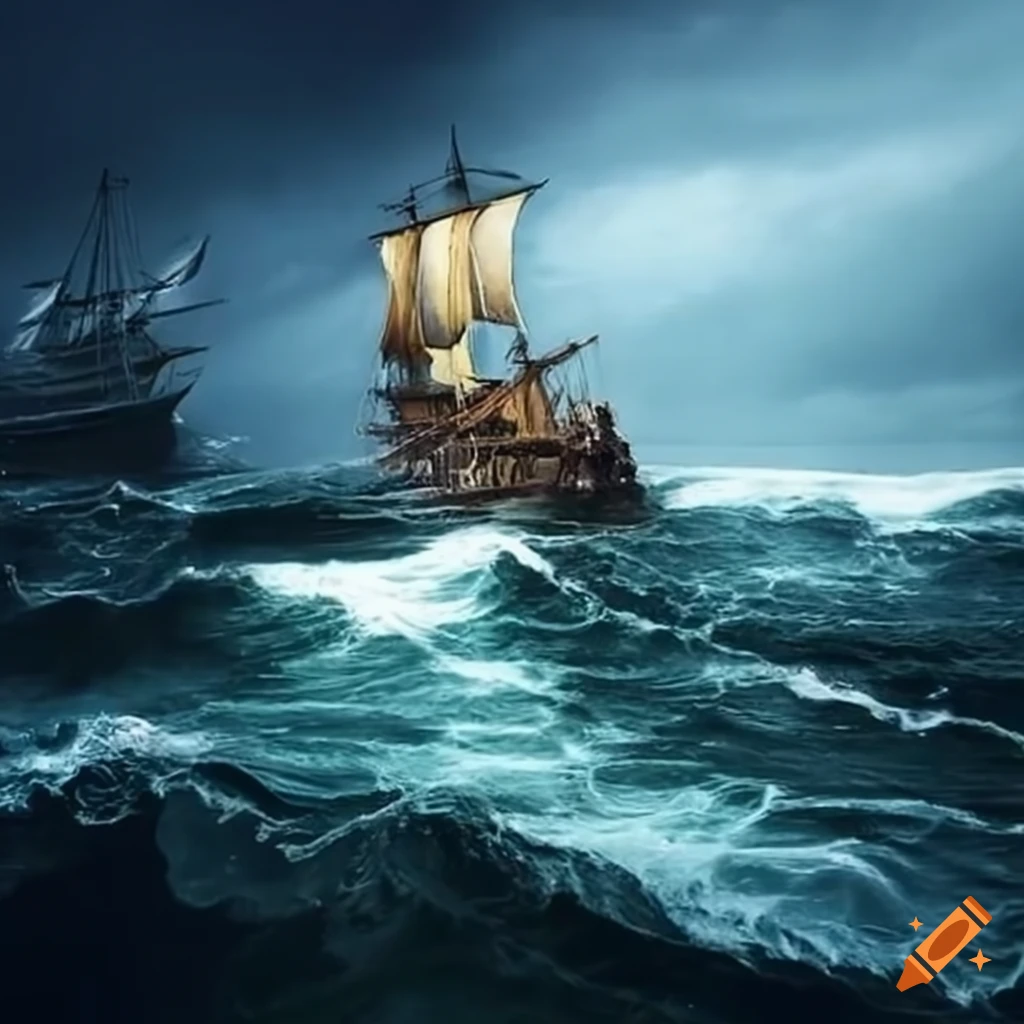 Image of the flying dutchman sailing in a stormy sea on Craiyon