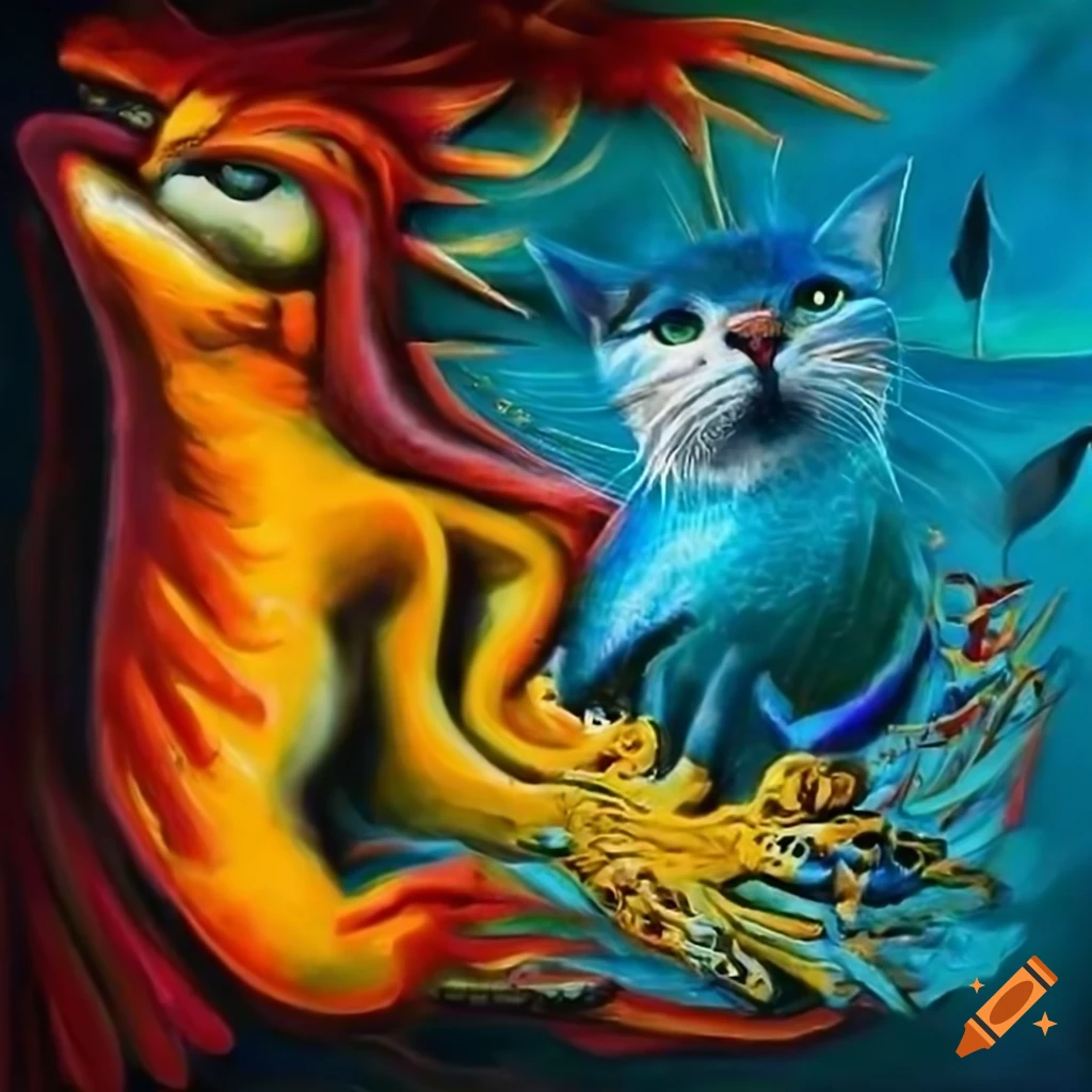 Surreal painting of a cat and hawk