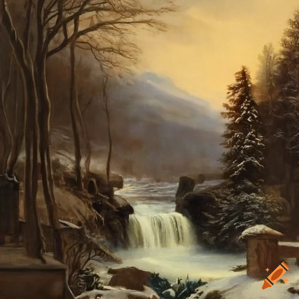 Victorian oil painting of a winter landscape with a waterfall on Craiyon
