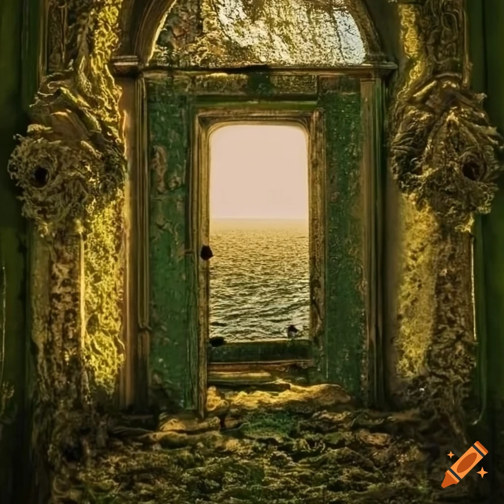 Baroque moss-covered door overlooking the sea on Craiyon